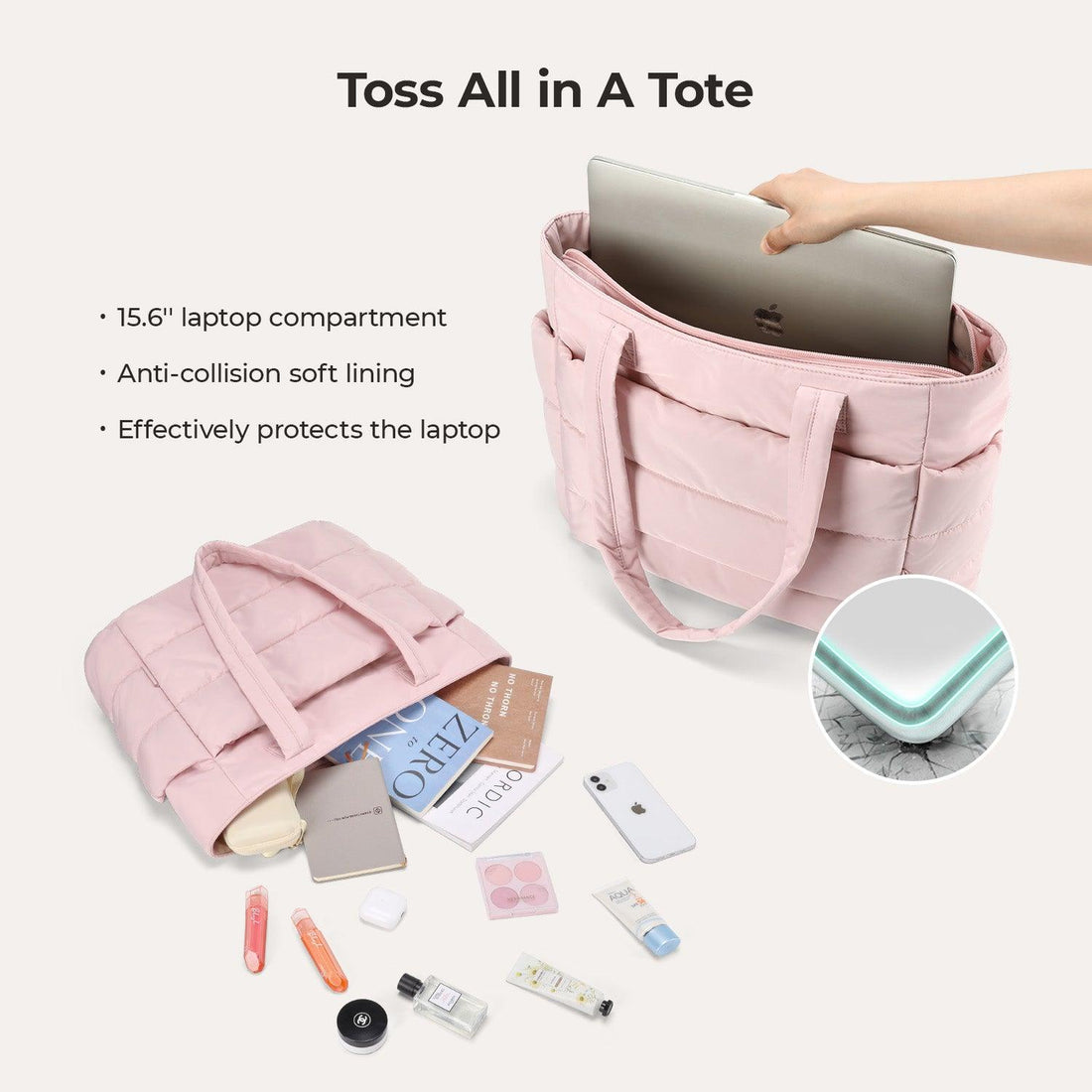 Bagsmart 20L Puffy Tote Bag with 15.6" Laptop Compartment | BAGSMART